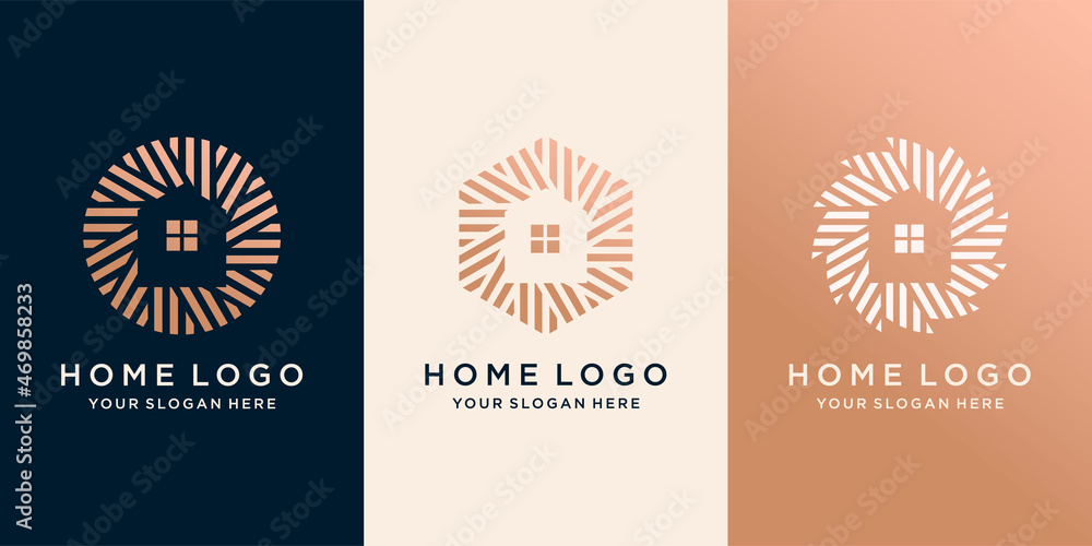Simple house icon set logo with creative modern outline concept circle ...