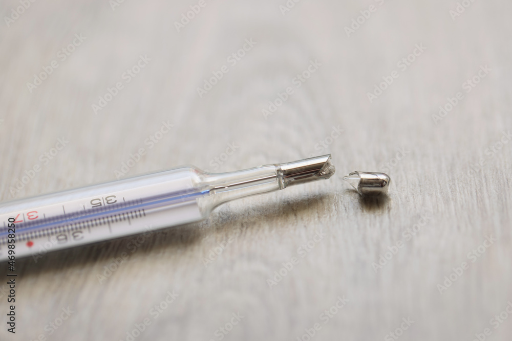 Photo & Art Print Broken glass mercury thermometer lying on floor, H_Ko