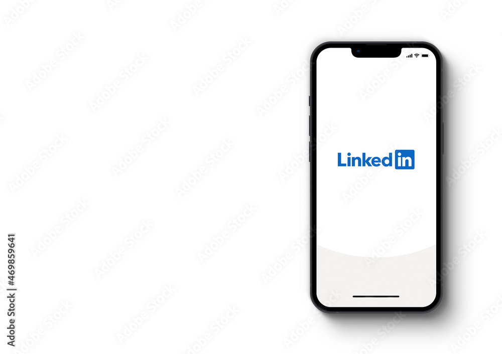 Linkedin app on smartphone iPhone 13 Pro screen. White background. Top ...