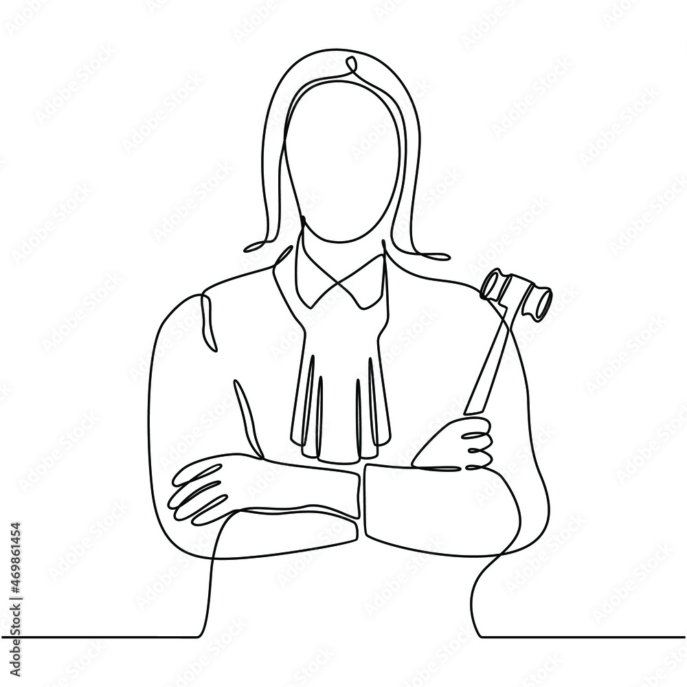 continuous line drawing of a female judge holding a hammer isolated on ...