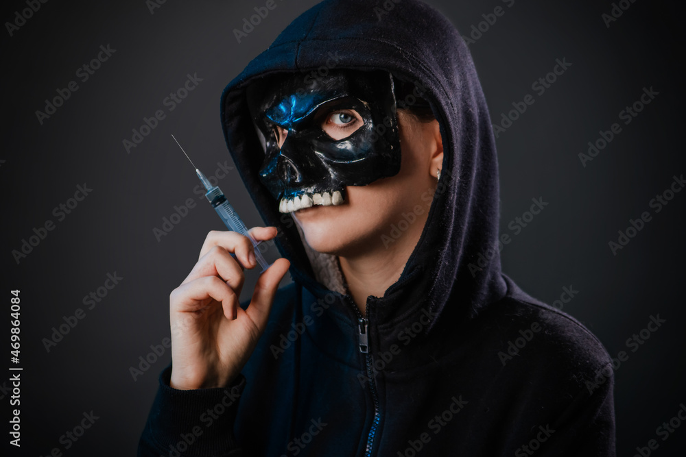 Drug addiction concept. Fear of vaccinations and injections. A person ...