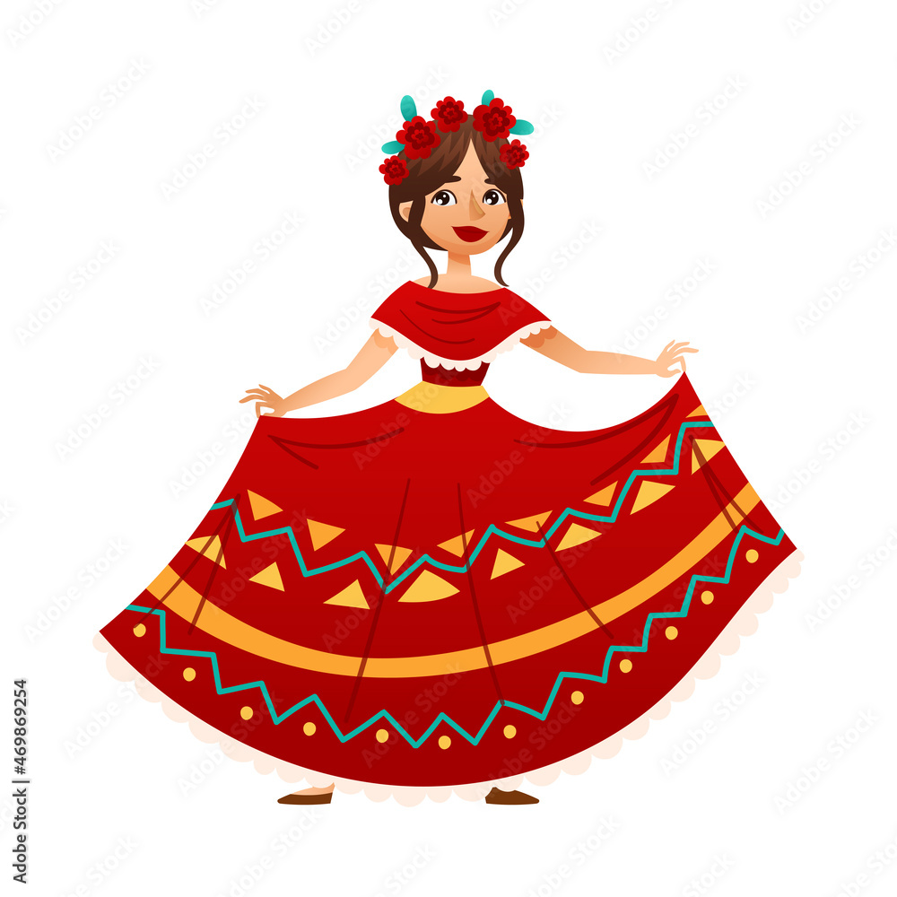 Mexican girl with flowers in her head wearing traditional red dress ...