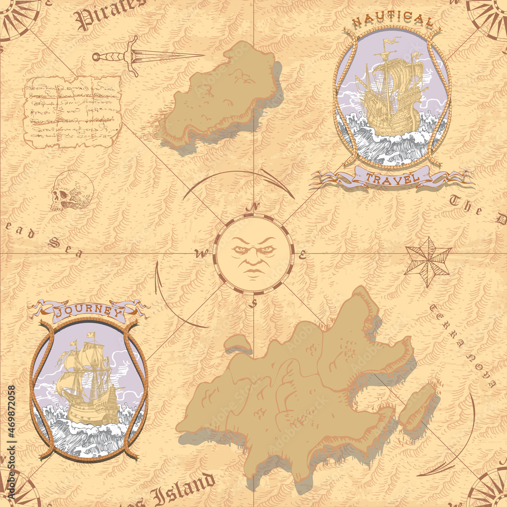 vector image of ancient nautical chart of sea routes of medieval ships ...