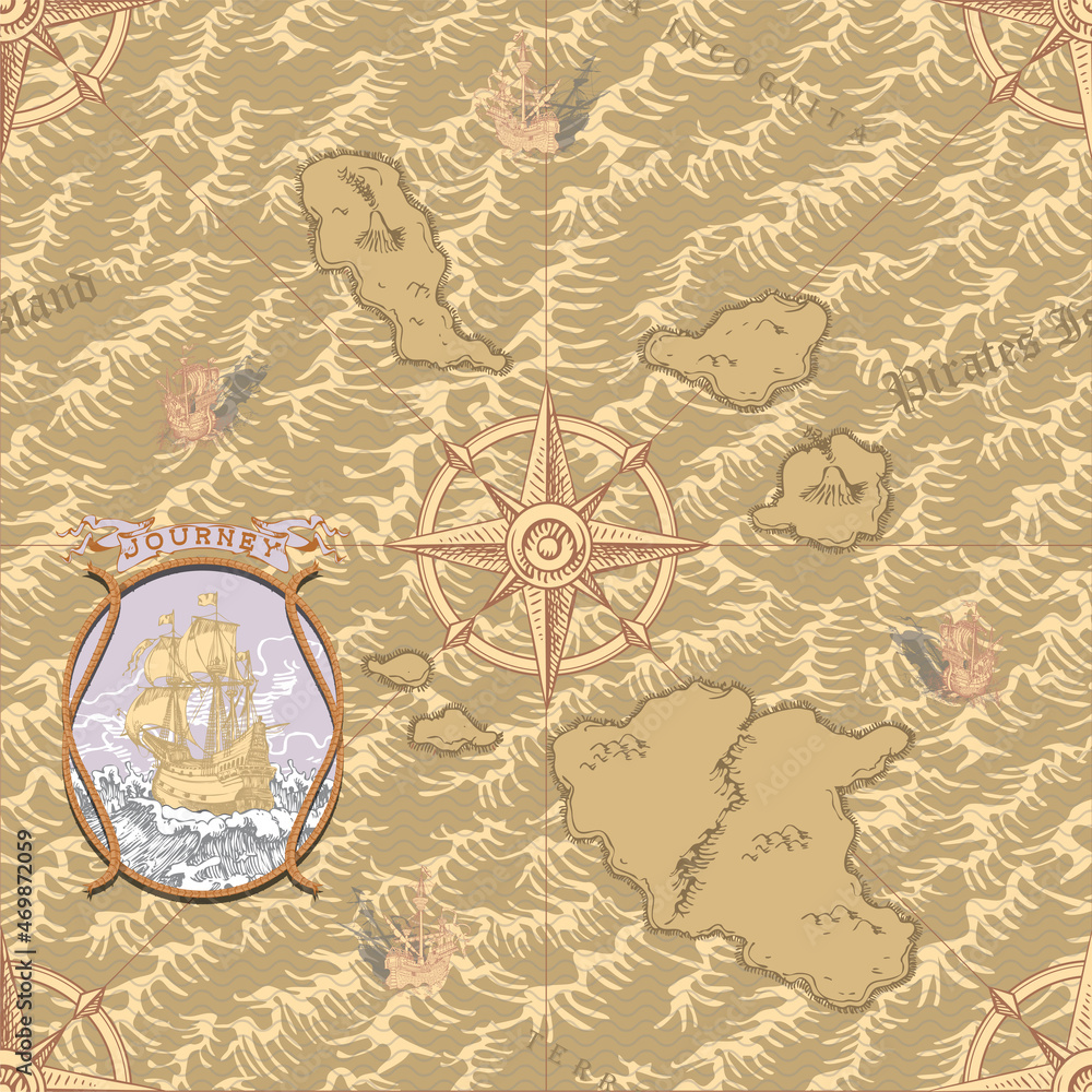 vector image of ancient nautical chart of sea routes of medieval ships ...