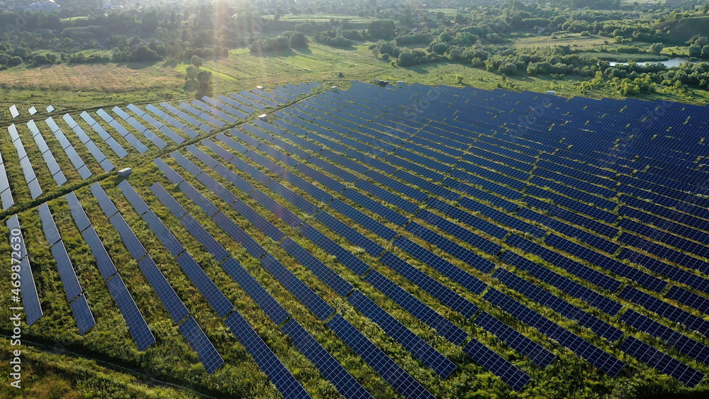 View of a solar power plant, rows of solar panels, solar panels, top ...