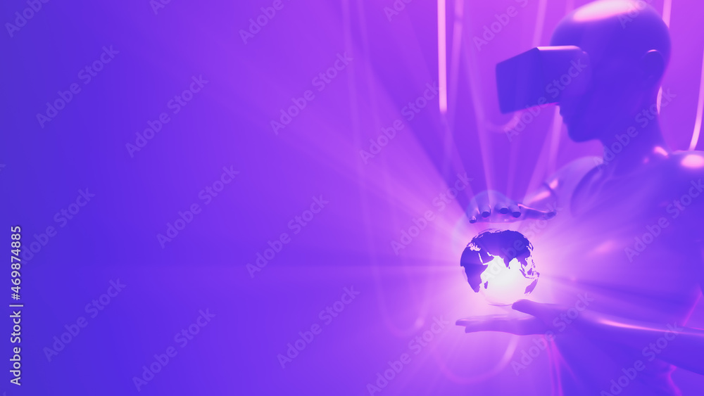 Metaverse concept. Woman in VR glasses hold glowing earth globe in neon ...