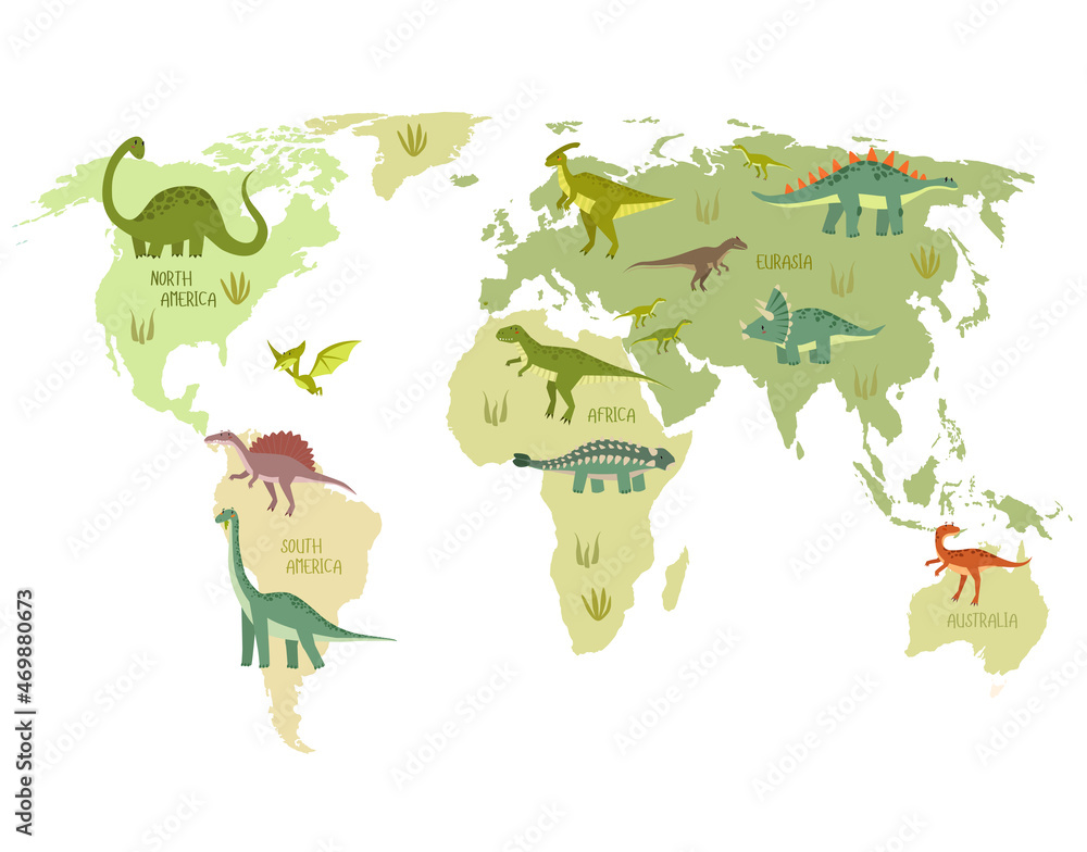 Print. World map with dinosaurs. Dino world map. Cartoon dinosaurs. Stock Vector | Adobe Stock