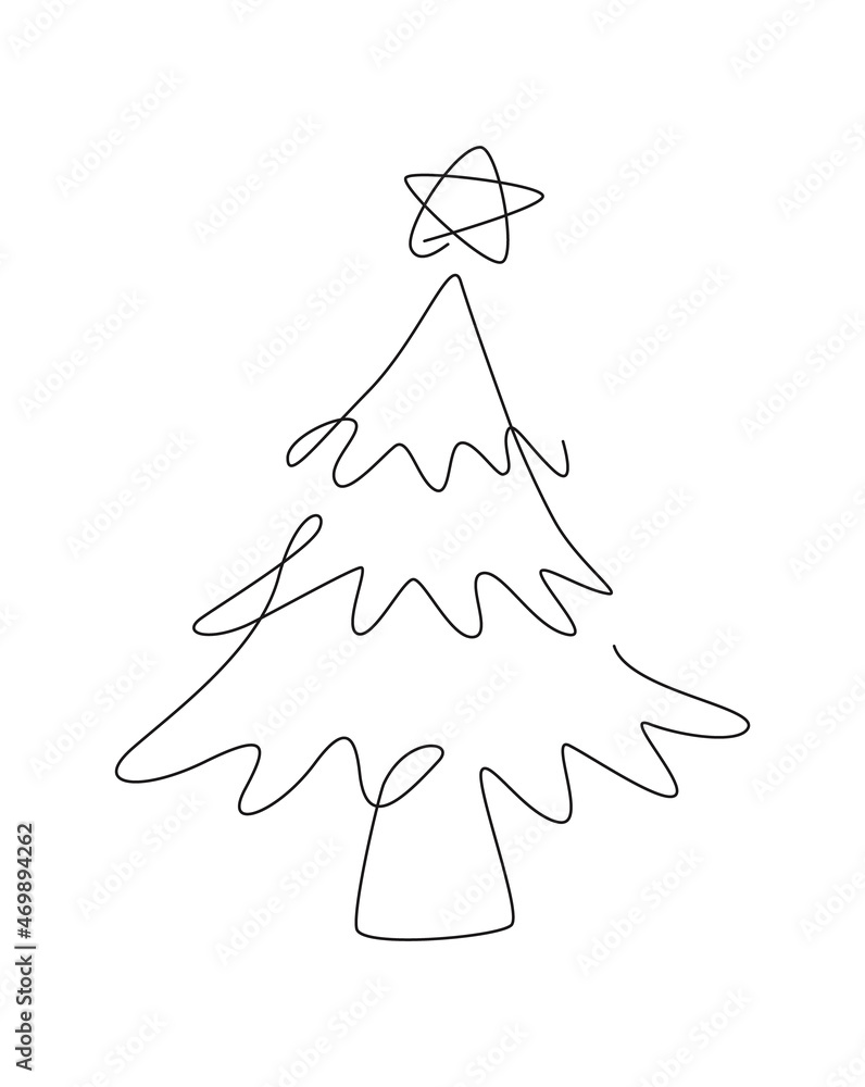 Christmas tree, one line, outline, pine tree Xmas Stock Illustration ...