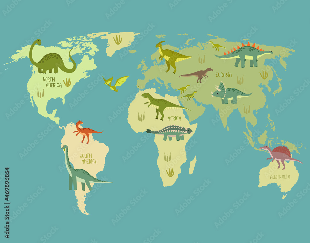 Print. World map with dinosaurs. Dino world map. Cartoon dinosaurs ...