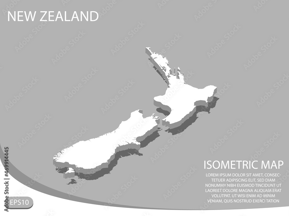 White isometric map of New Zealand elements gray background for concept ...