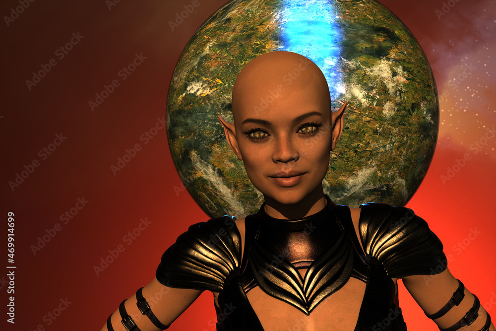 3d illustration of a bald female alien with pointy ears smiling with an ...