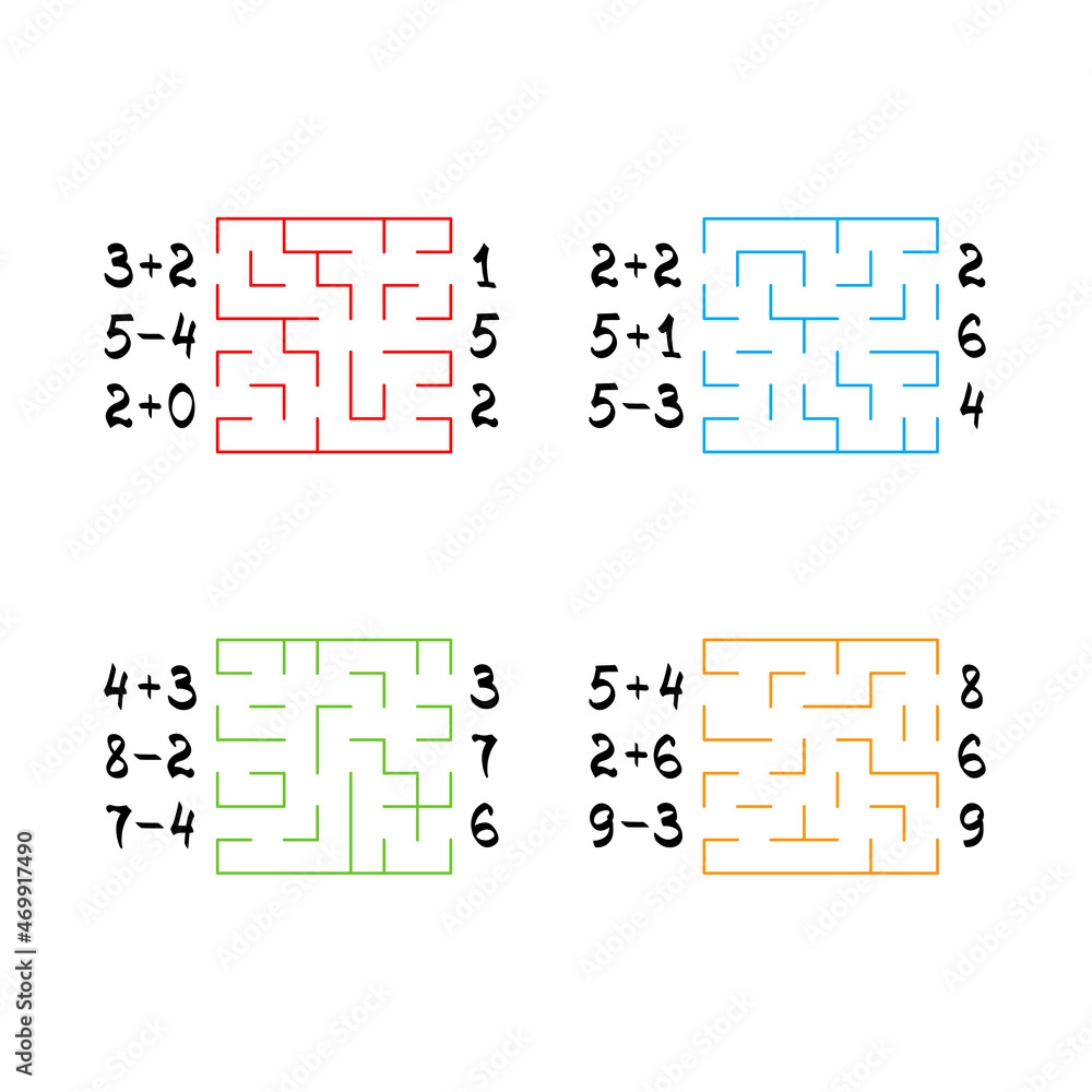 Vetor de Set of maze. Labyrinth kids game with numbers. Find the path ...