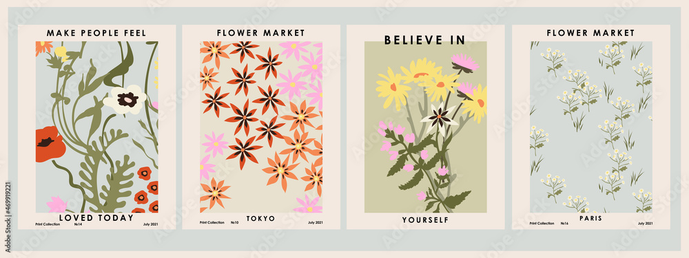 Botanical poster set flowers and branches. Modern style, pastel colors ...