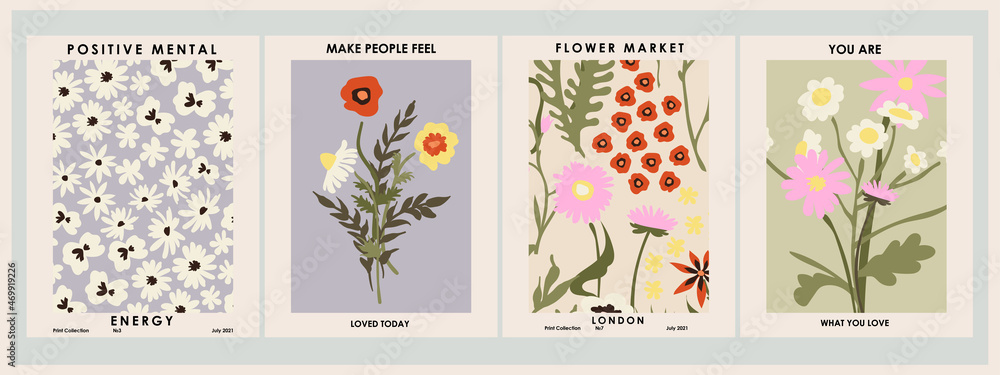 Botanical poster set flowers and branches. Modern style, pastel colors ...