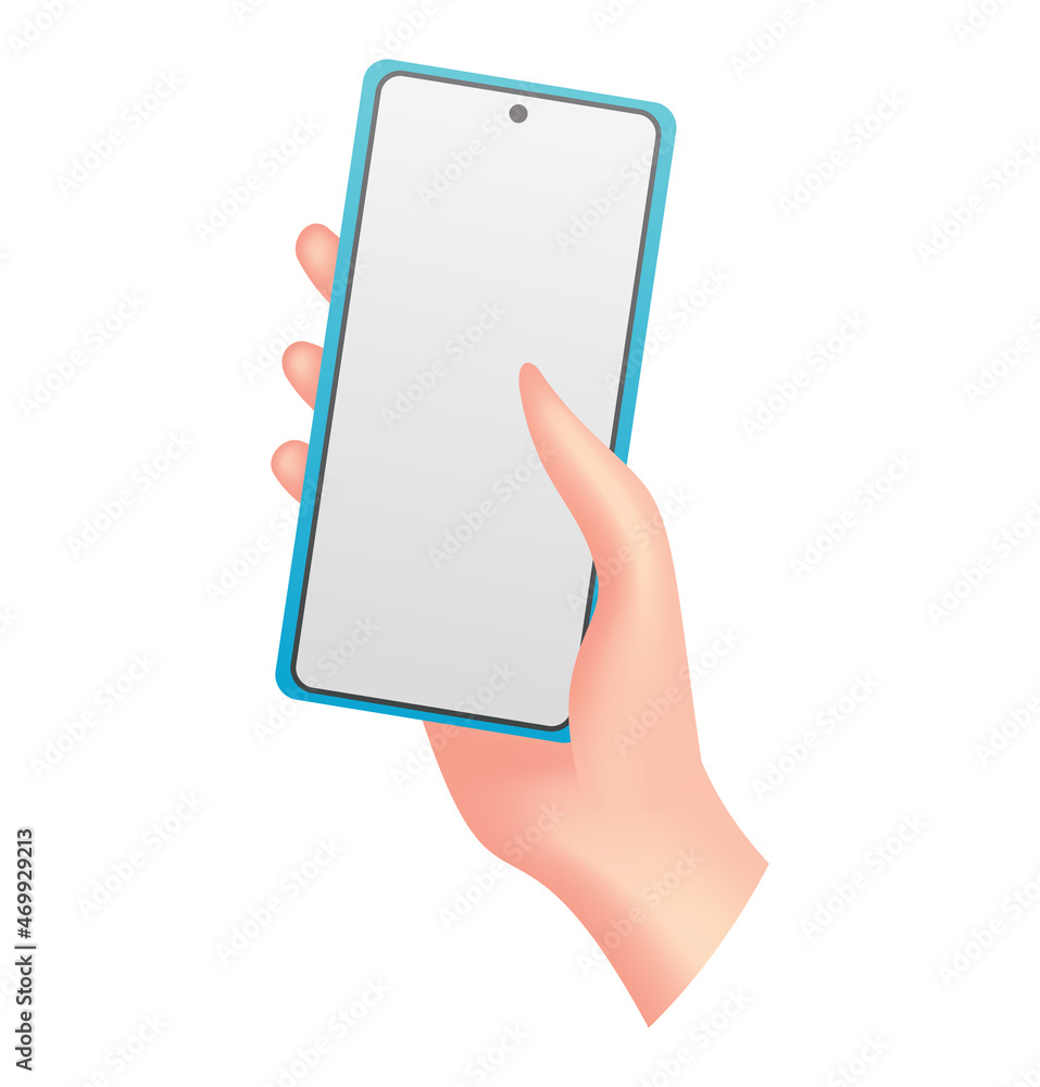 Cartoon hand with phone. Human holding phone with empty screen. Mock up ...