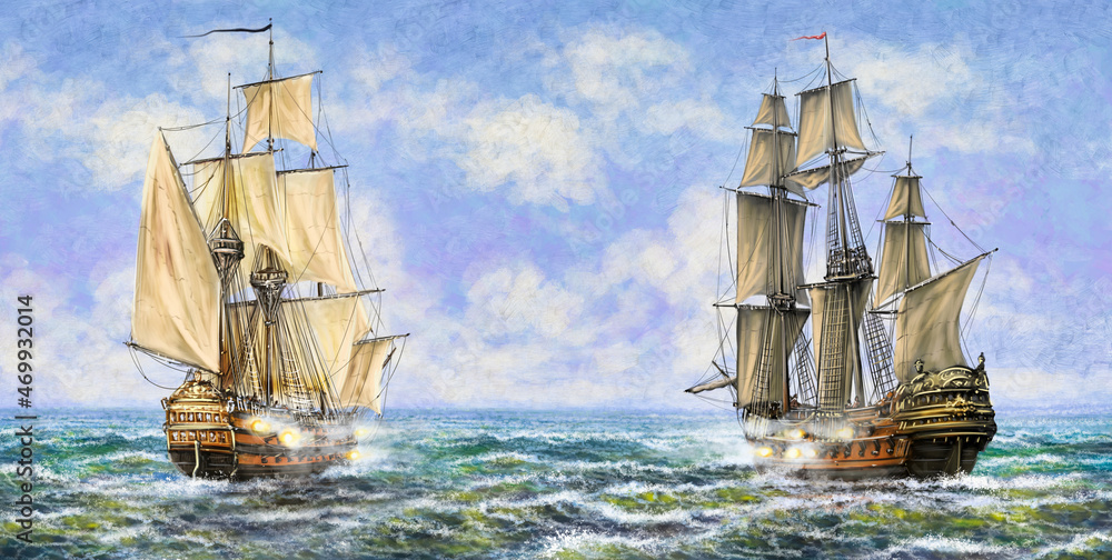 Naval battle, batleship. Old ships on the sea. Digital oil paintings ...