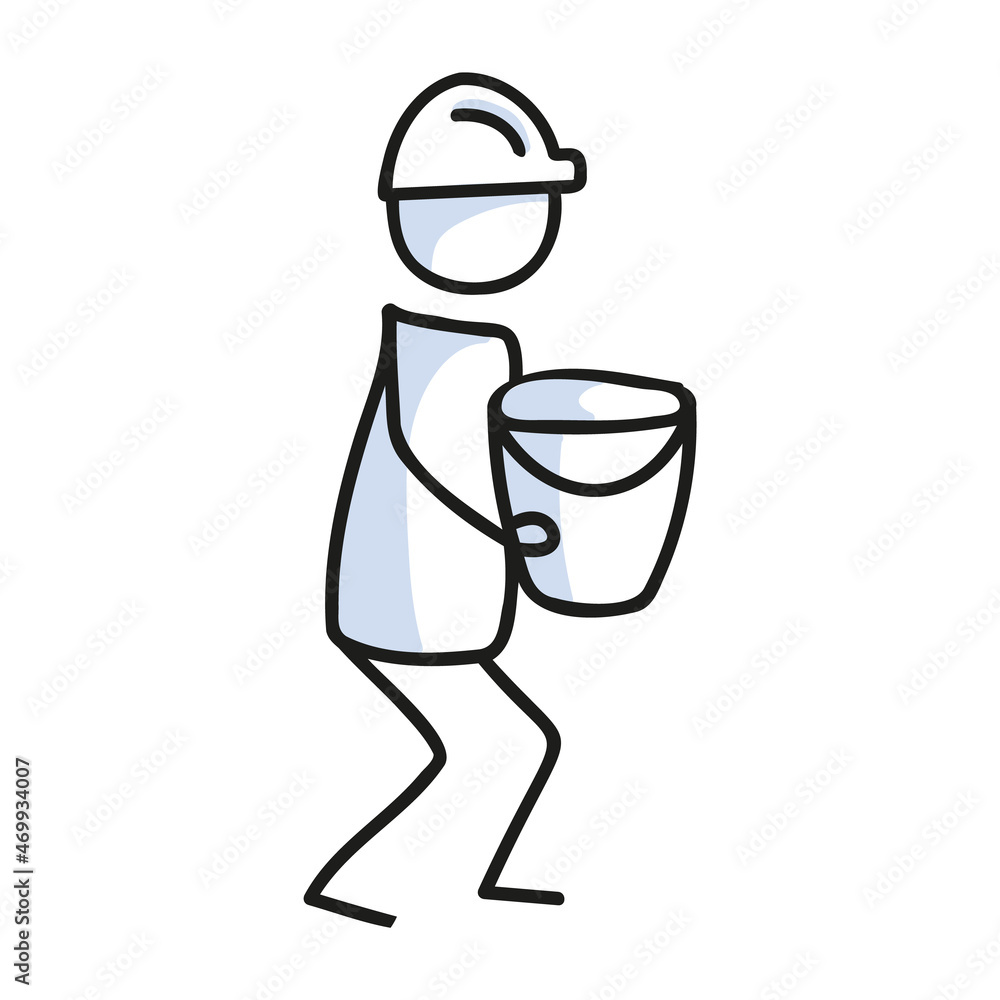 Drawn stick figure with bucket construction worker. Tool use for ...
