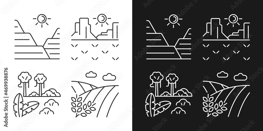 Landforms linear icons set for dark and light mode. Sediment and rock ...