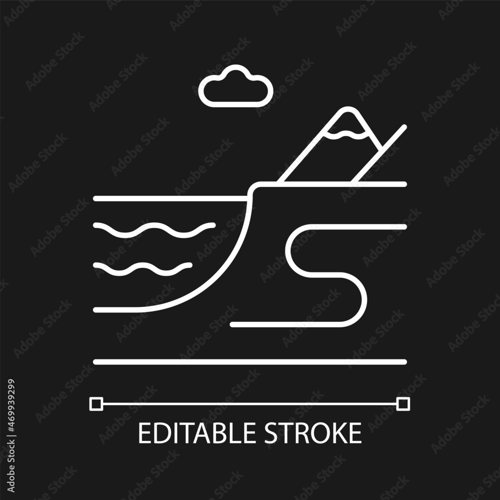 Coastal land white linear icon for dark theme. Sea and ocean shore ...