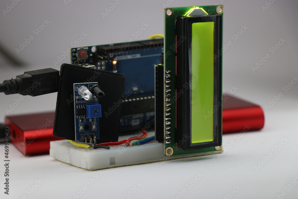 Tachometer Made Using Arduino Microcontroller Lcd Module And Ir Sensor Module Isolated On White
