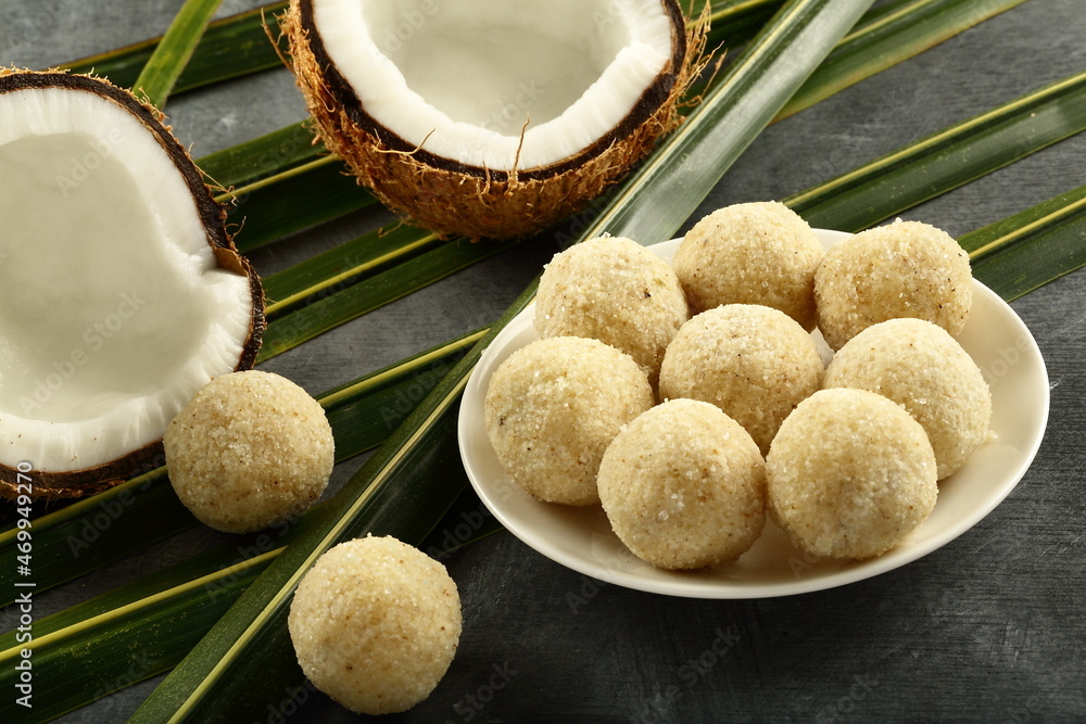 Indian traditional sweets- delicious coconut ladoo, laddu, nariyal ka ...