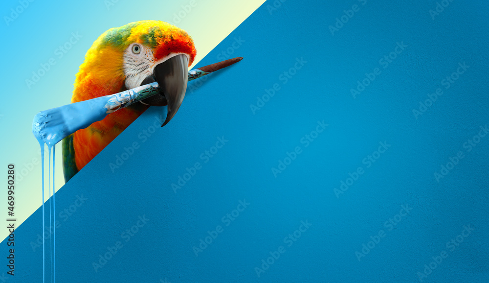 Parrot bird with a paint brush in its beak. Advertisement concept with ...
