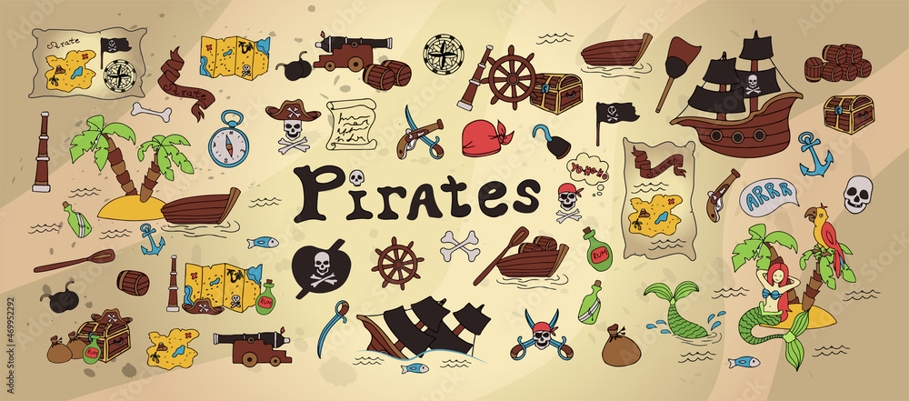 Vector doodle pirate set. A map with a hand-drawn sketch of a mermaid ...