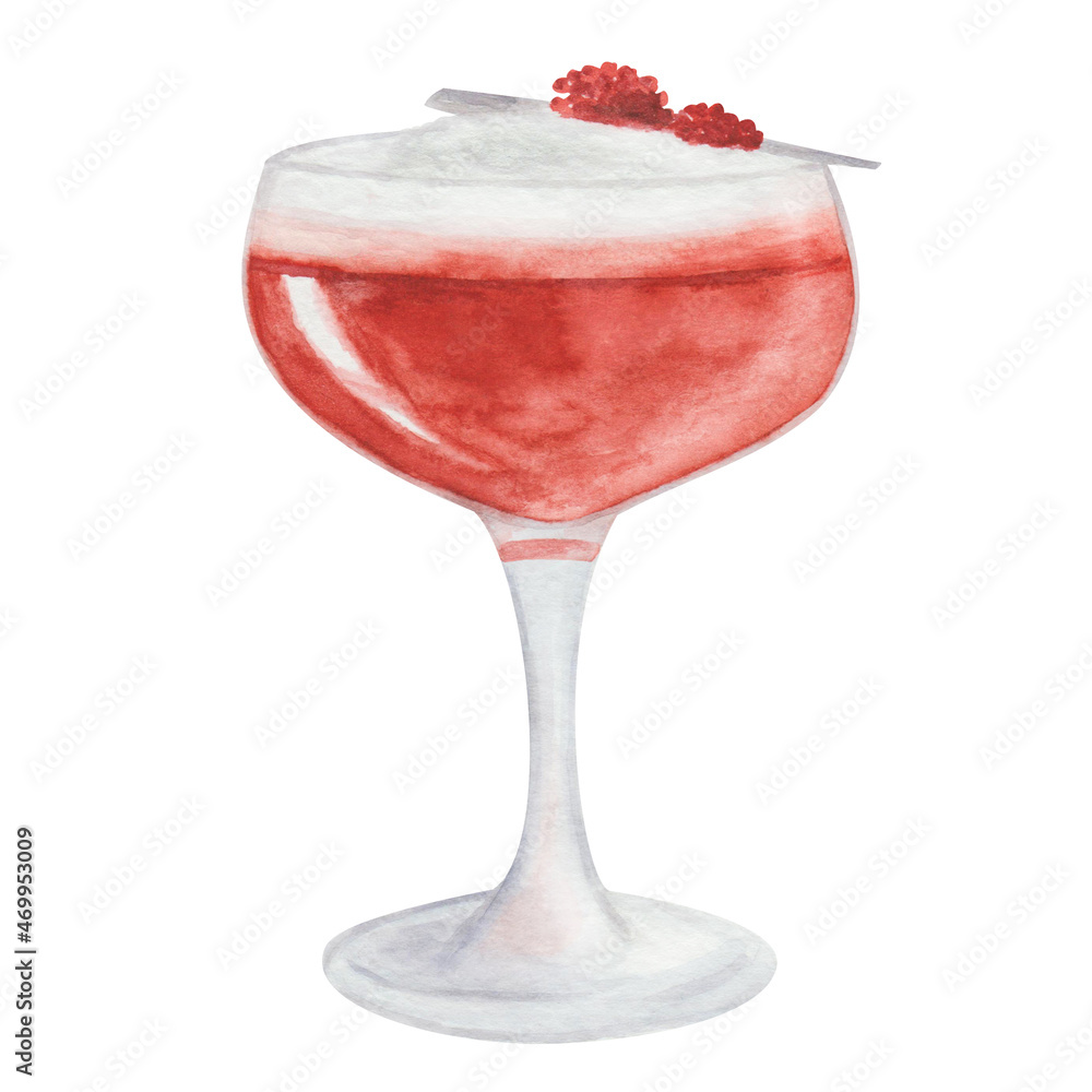 Watercolor illustration of hand painted red cocktail in glass with ...