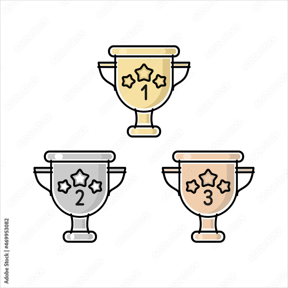 Gold, silver and bronze cups of the winner for 1, 2, 3 prizes. Color ...