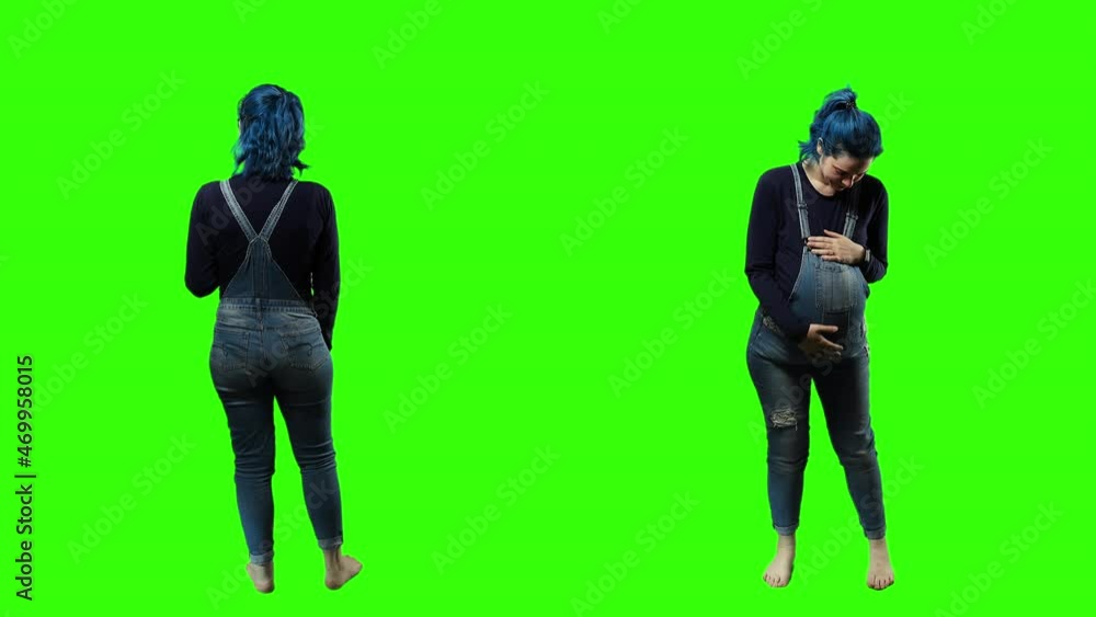 Pregnant Woman Cuddles Her Belly On Green Screen. Pregnant girl with a ...