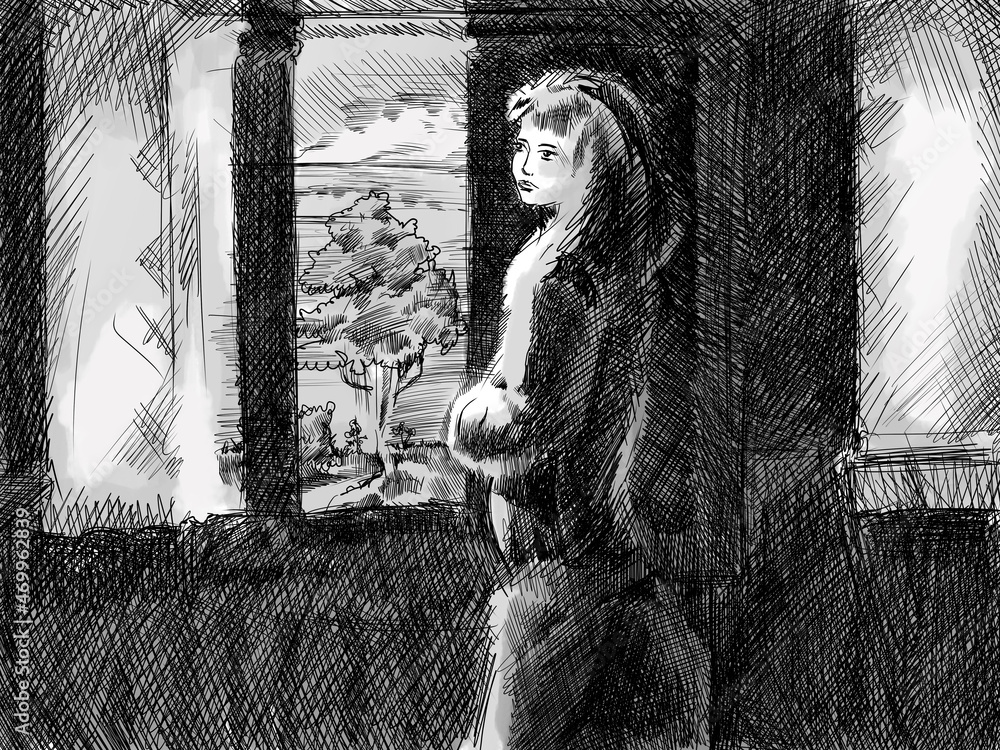 graphics, black and white, simple pencil, drawing, room, window, person ...