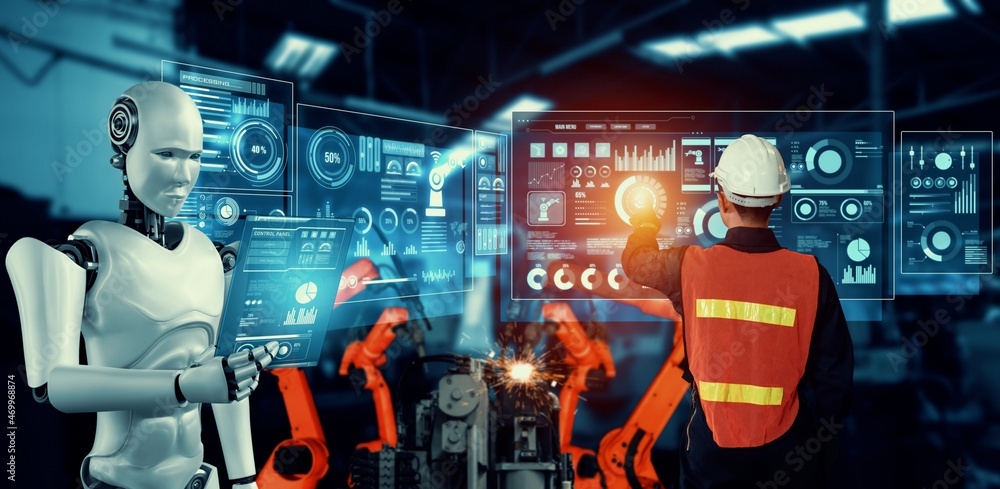 Mechanized industry robot and human worker working together in future ...