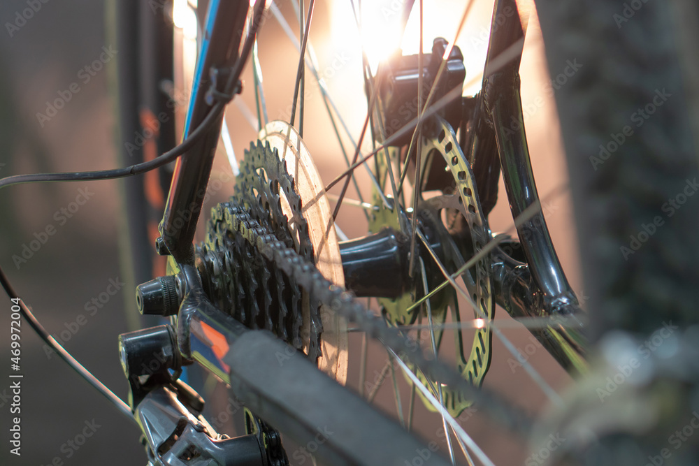Mountain bike repair. Various parts of a modern bicycle close-up. A ...