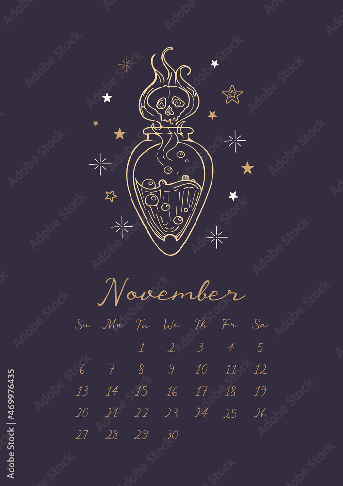 Magic calendar 2022. Month November. Vector vintage illustration for ...