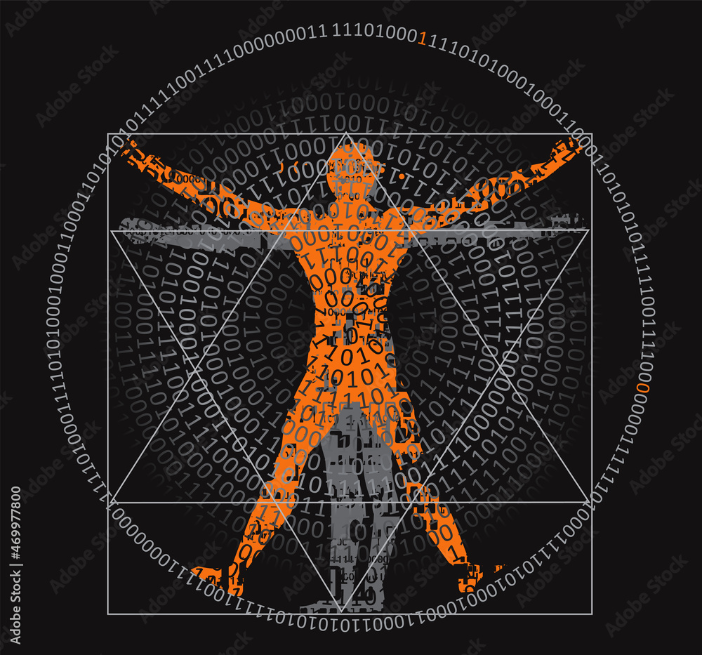 Vitruvian man with binary code,symbol of digital age. Stylized drawing ...