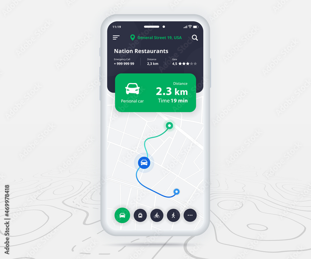 Map GPS navigation ux ui concept, Smartphone map application ...
