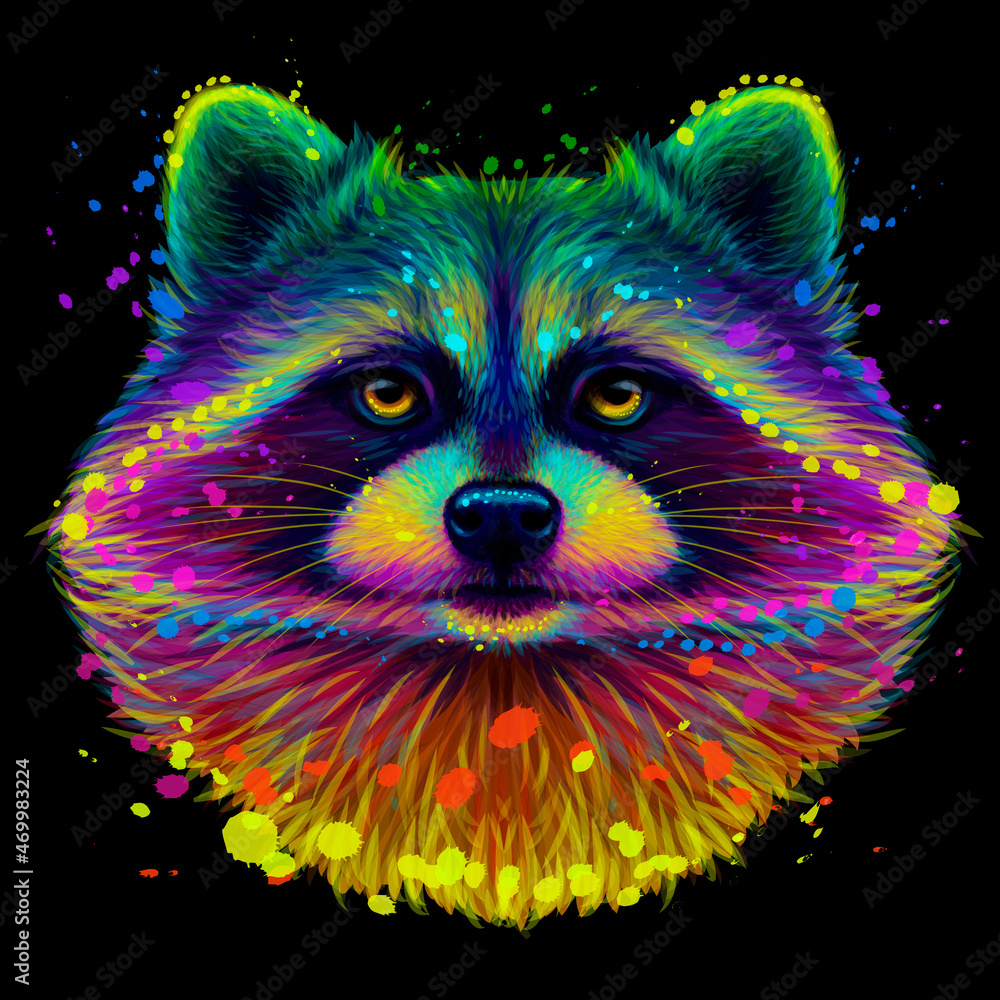Raccoon. Abstract, neon, multi-colored portrait of a raccoon in the ...