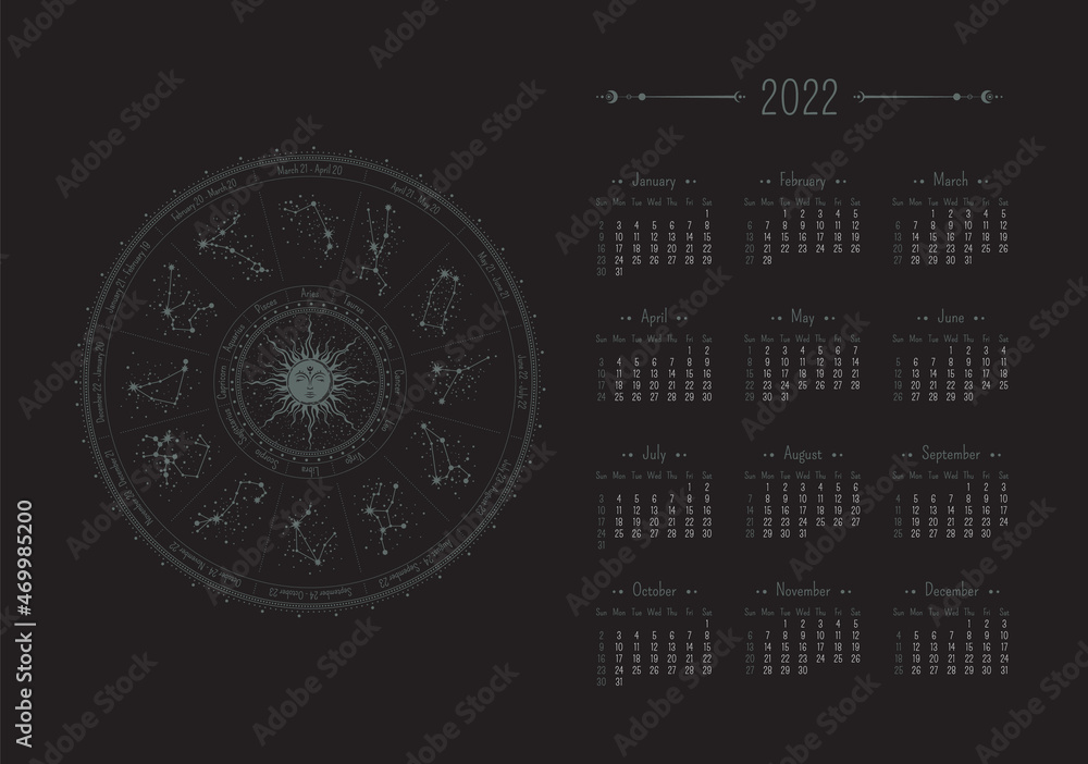 Vector mystical horizontal calendar for 2022 with ornate zodiac circle ...