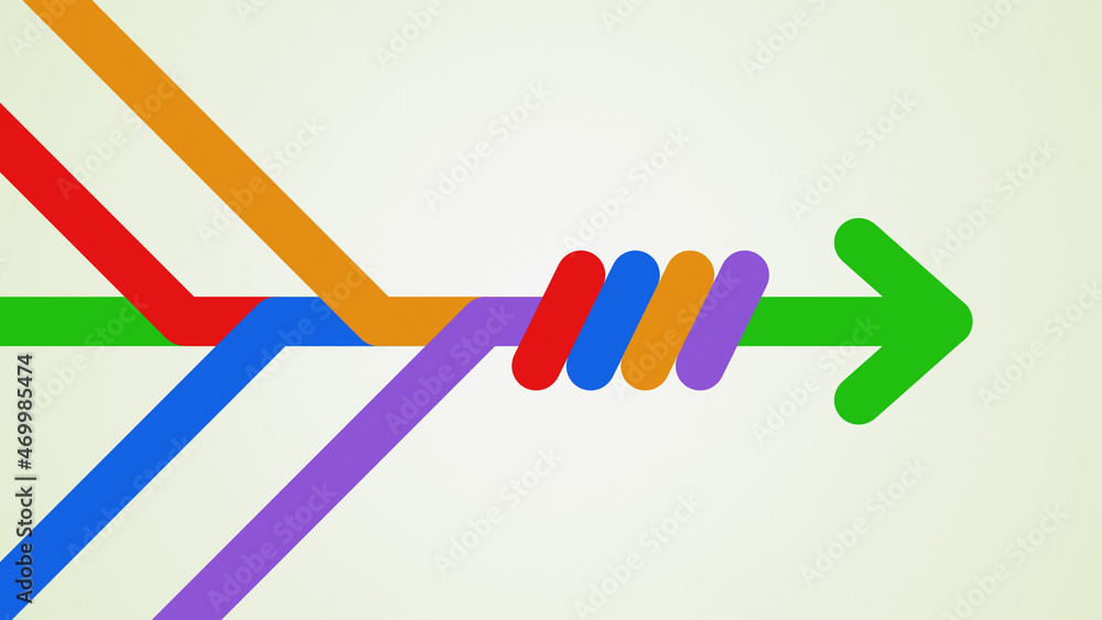 Colorful lines tied up and merging into a green arrow. Abstract ...
