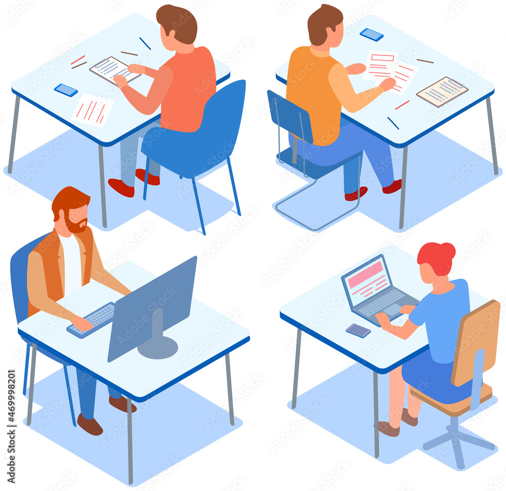 People using their laptops and doing paperwork. Employees sitting at ...