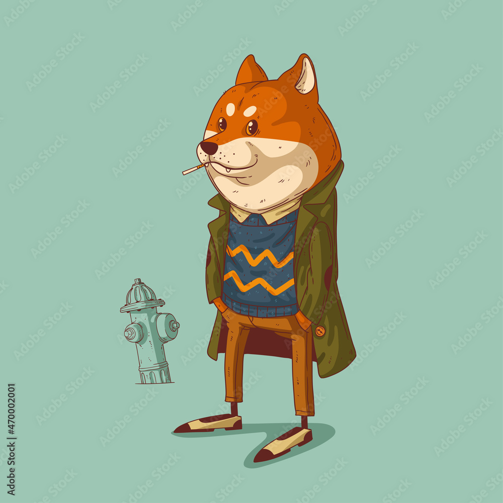 Sketch drawn vector illustration of humanized Shiba Inu ...