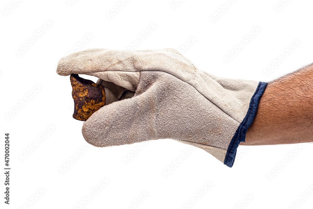 male miner hand holding metallic rock, mining or geology concept ...