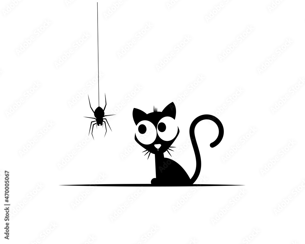 Funny cat silhouette and spider cartoon illustrations, vector. Cute ...