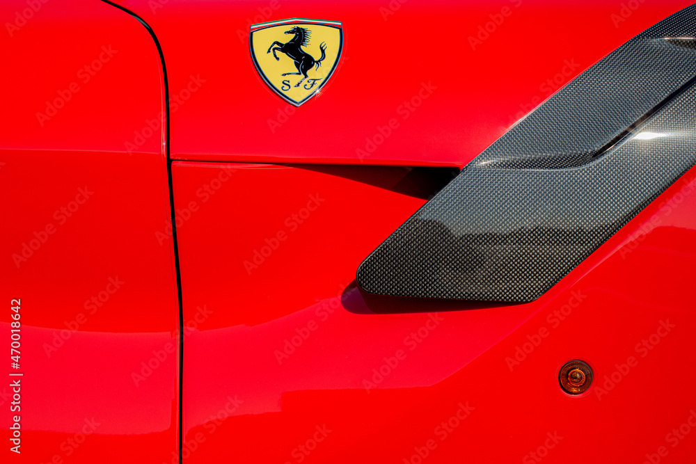 Calafat, Spain, April 18, 2021: side view in detail of a red Ferrari ...