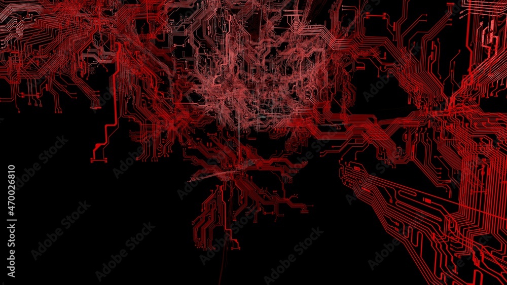 Circuit technology red line under black background with hi-tech digital data connection system ...
