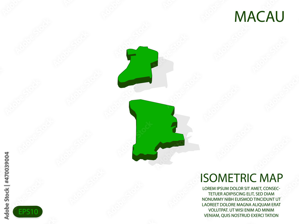 Green isometric map of Macau elements white background for concept map ...