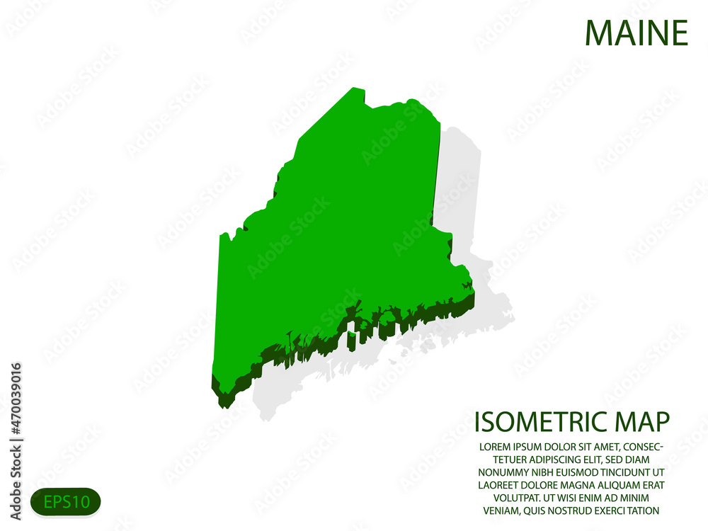 Green isometric map of Maine elements white background for concept map ...