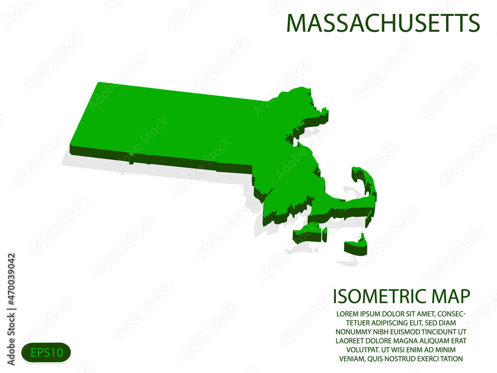 Green isometric map of Massachusetts elements white background for ...