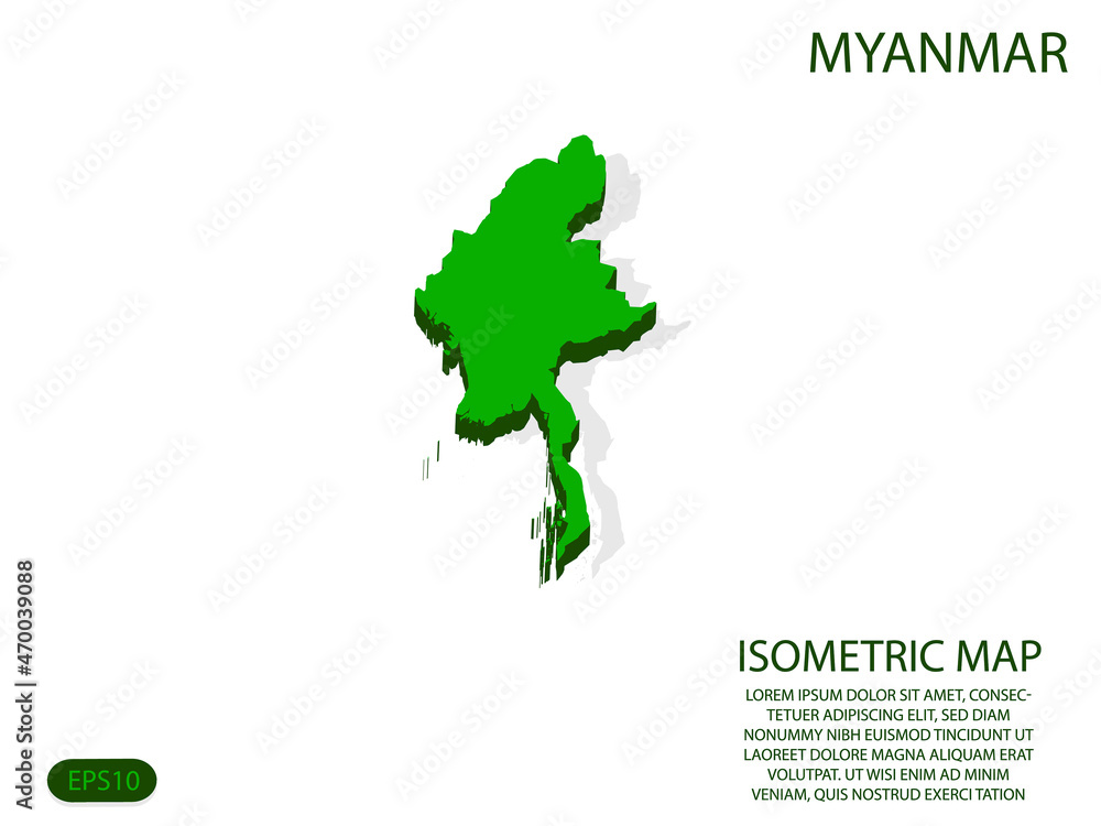 Green isometric map of Myanmar elements white background for concept ...