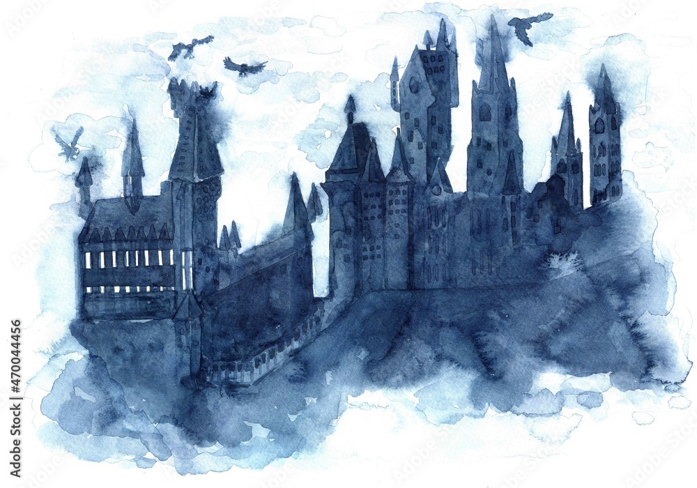 watercolor illustration of a silhouette of a magic castle with towers ...